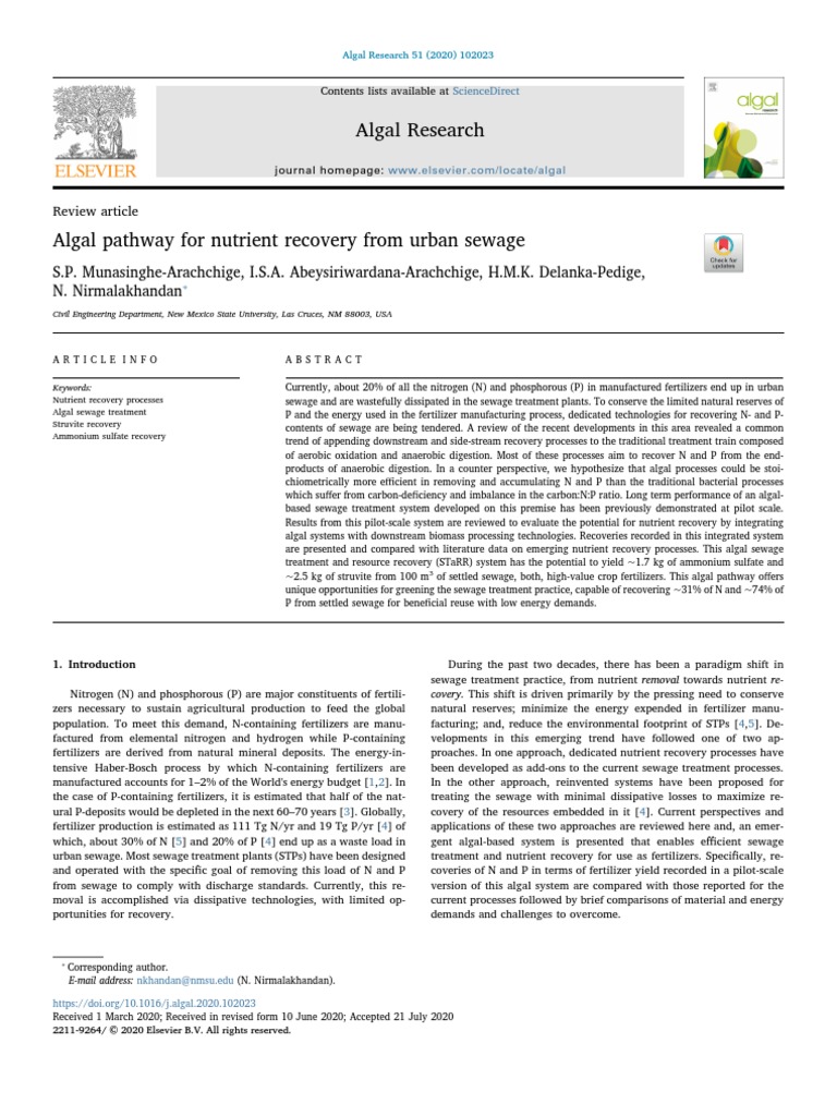 Algal Research: S.P. Munasinghe-Arachchige, I.S.A. Abeysiriwardana-Arachchige, H.M.K. Delanka ...
