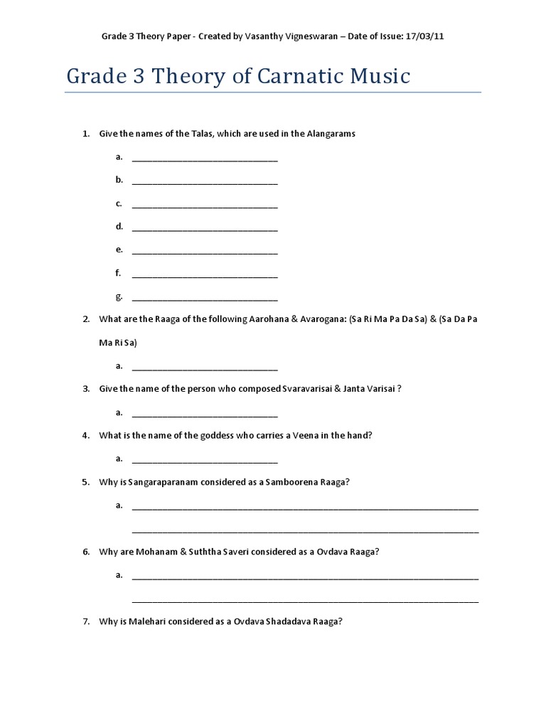 Grade 3 Carnatic Music Theory Exam | PDF | Musicology | Traditional Music