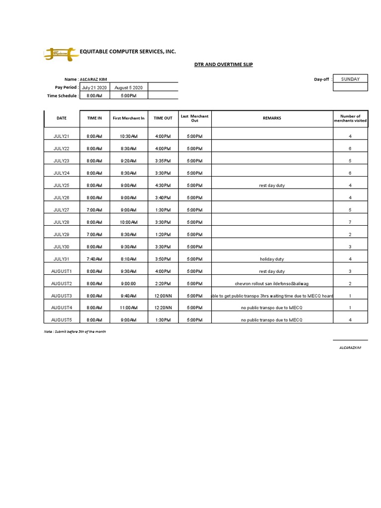 Equitable Computer Services, Inc.: Name: Alcaraz Kim Day-Off: Pay ...