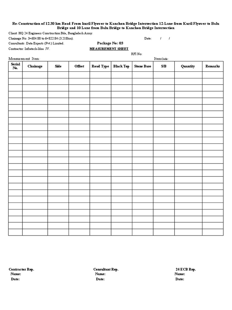 MEASURMENT SHEET Format - Existing Roadway Excavation | PDF | Civil ...