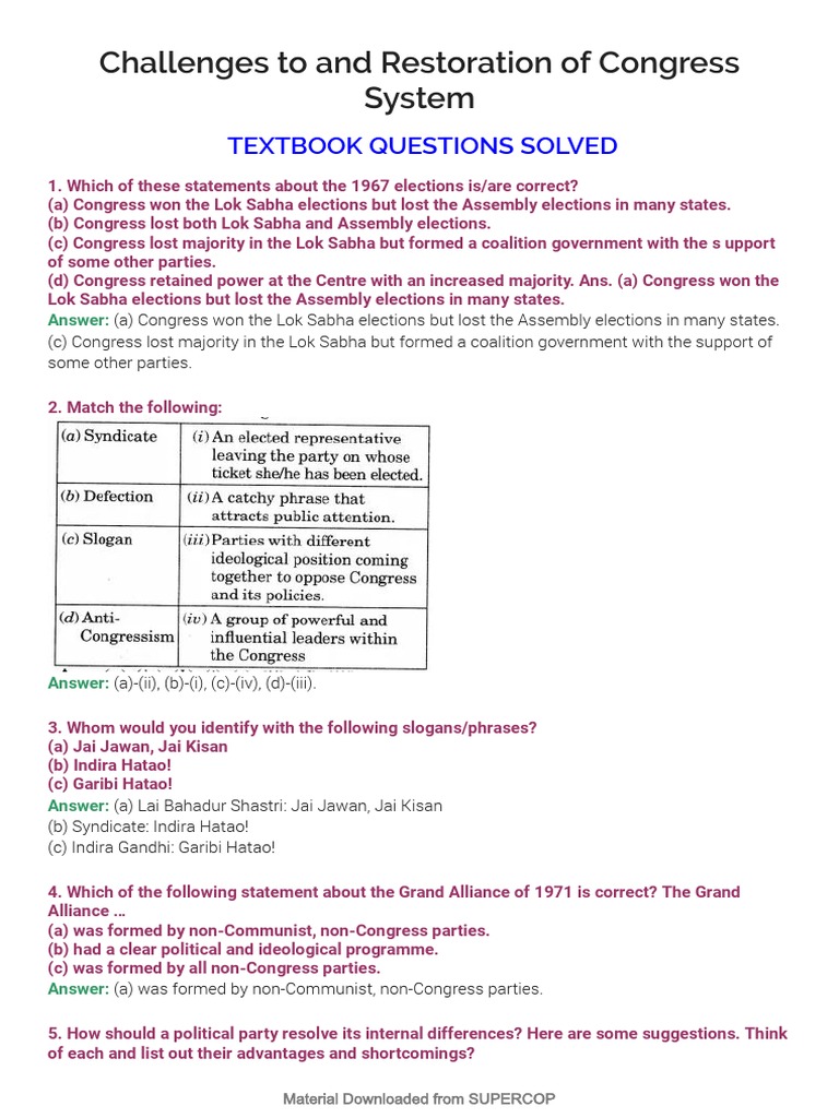 Challenges To and Restoration of Congress System: Textbook Questions ...