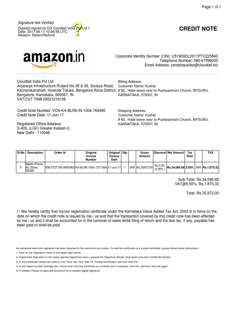 Refund Credit Note for Returned Apple iPhone 6s | PDF | Invoice | Payments