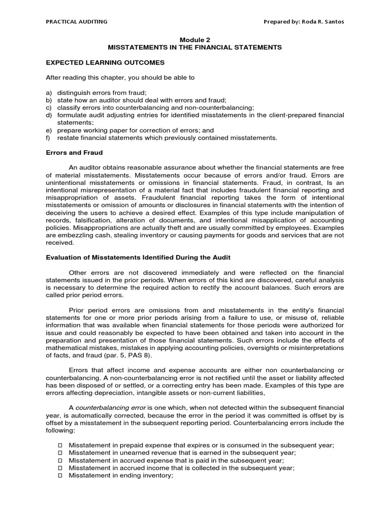 Module 2 MISSTATEMENTS IN THE FINANCIAL STATEMENTS | PDF | Financial ...