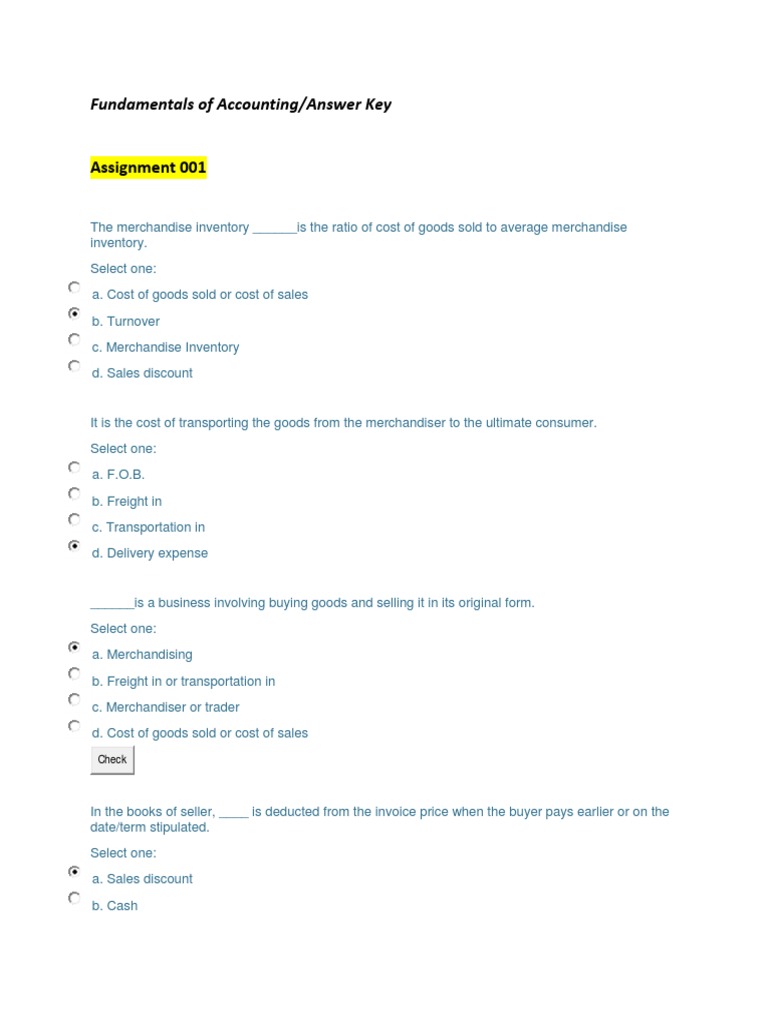 Assignment 001: Fundamentals of Accounting/Answer Key | PDF | Debits ...