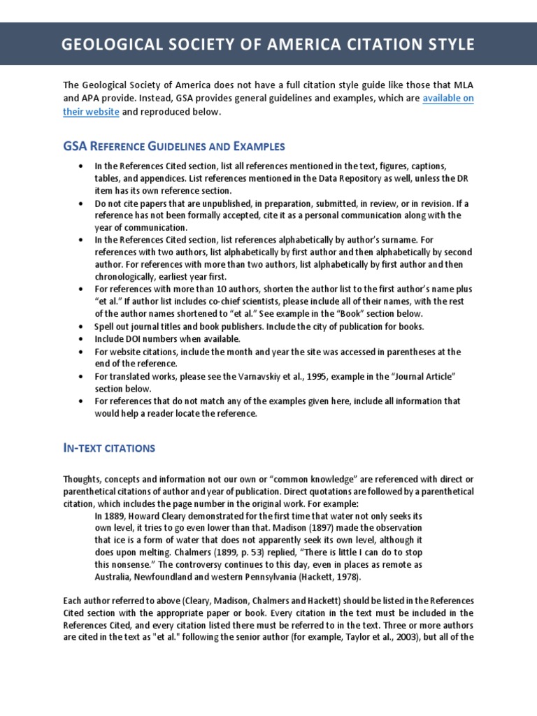 Geological Society of America Citation Style: GSA R G E | PDF ...