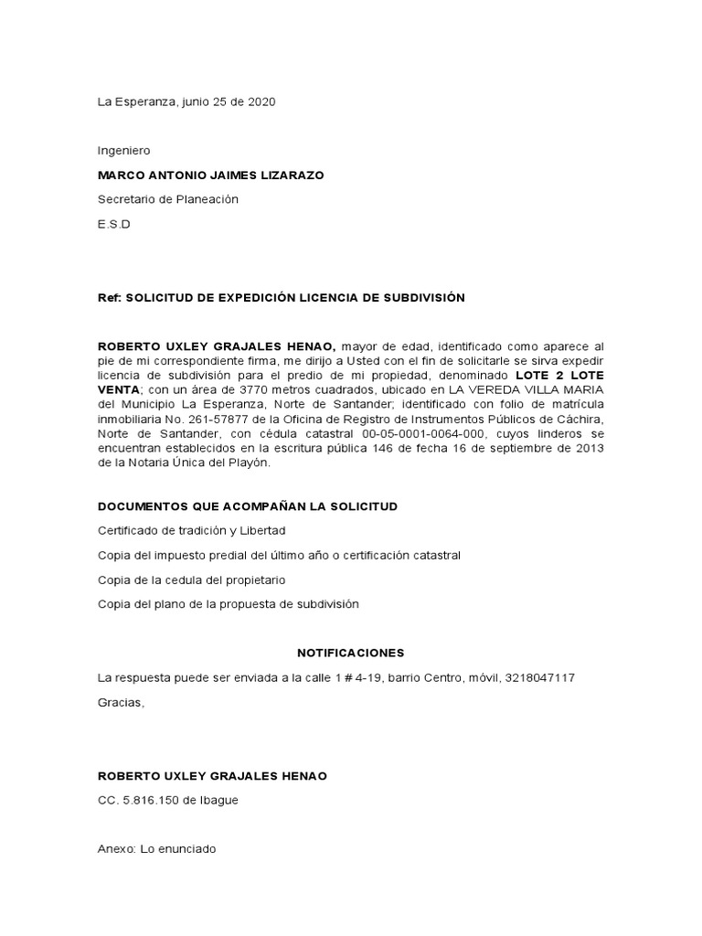 Solicitud Expedicion Licencia de Subdivision | PDF | Derecho Civil (Common Law) | Ley común