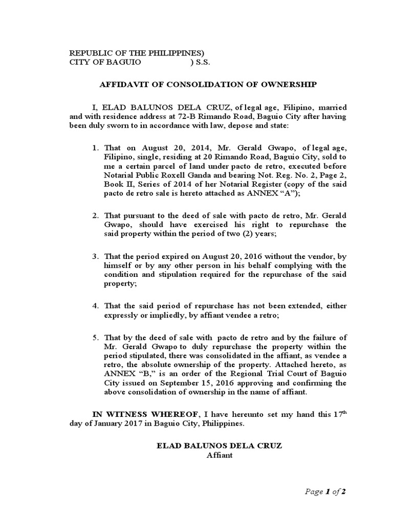 Form 3 - Affidavit of Consolidation of Ownership in Pacto de Retro Sale ...