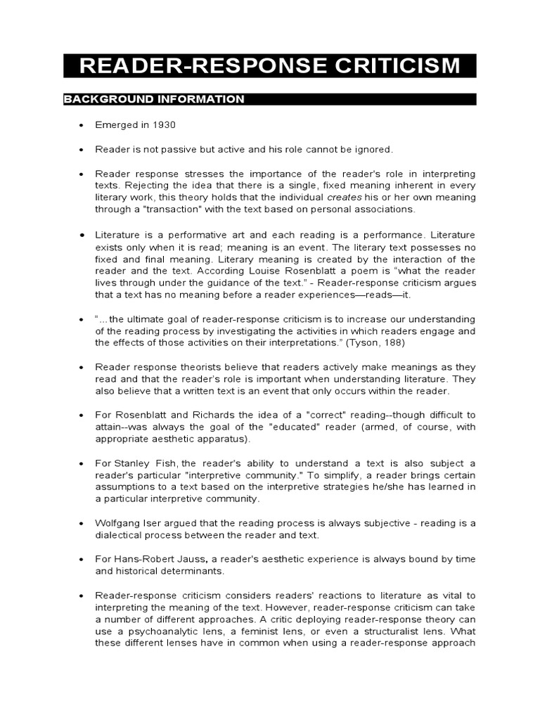 Reception and Reader-Response Criticism | PDF | Psychological Concepts ...