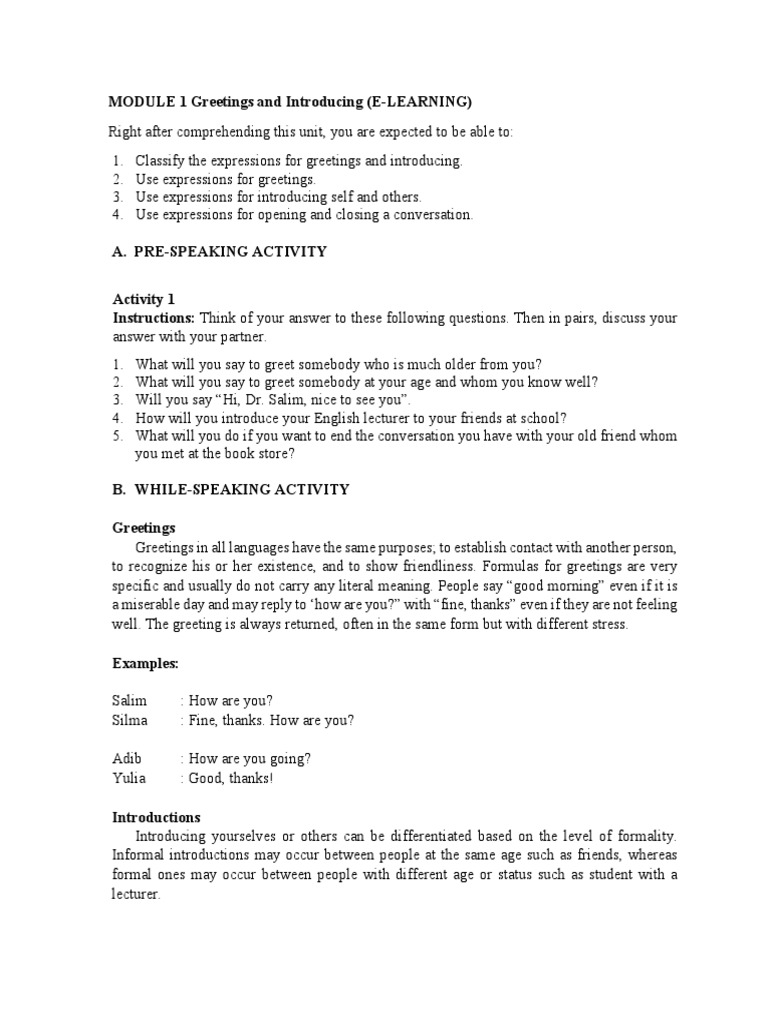 MODULE 1 Greetings and Introducing PDF | PDF | English Language | Semiotics