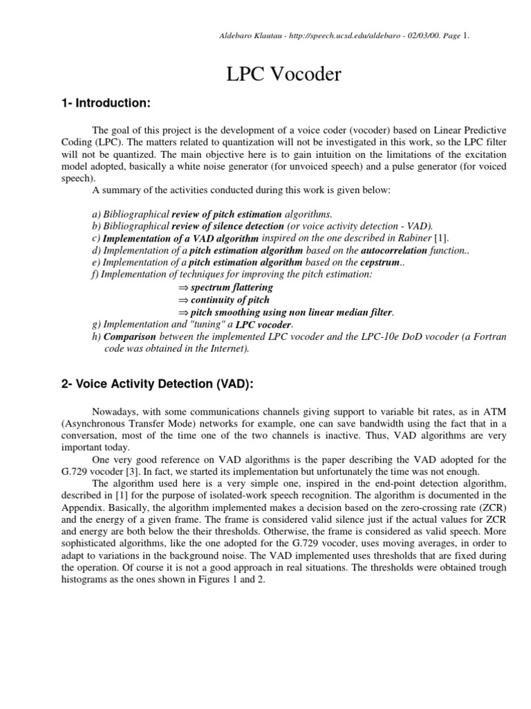 LPC Vocoder: 1-Introduction | PDF | Discrete Fourier Transform | Pitch (Music)