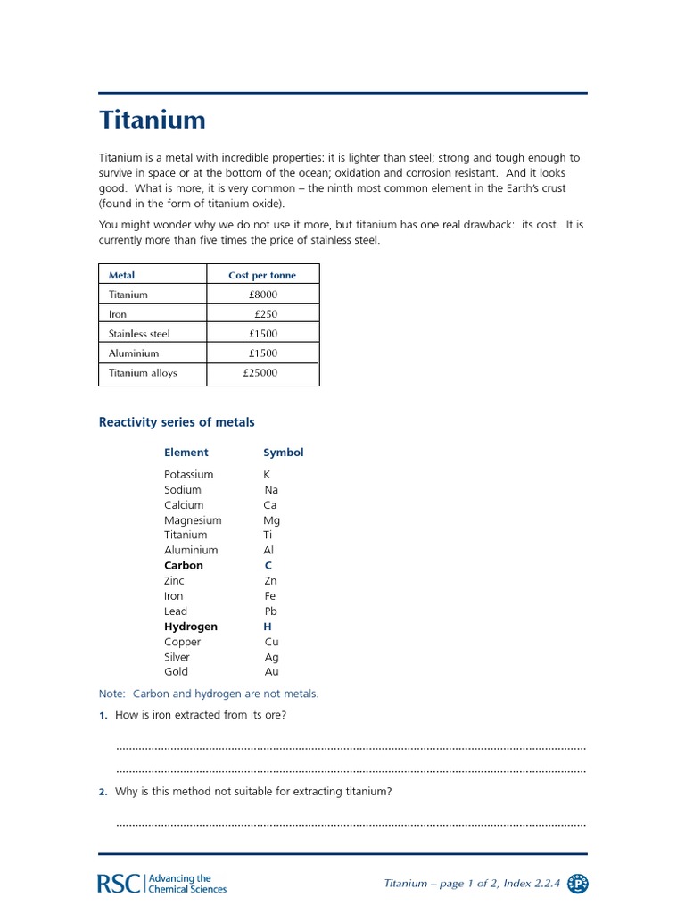 Titanium and Reactivity Series | PDF | Titanium | Metals