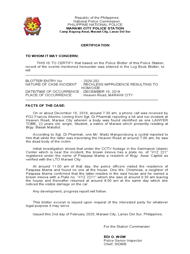 Sample Pulis Blotter | PDF | Legal Action | Crime & Violence