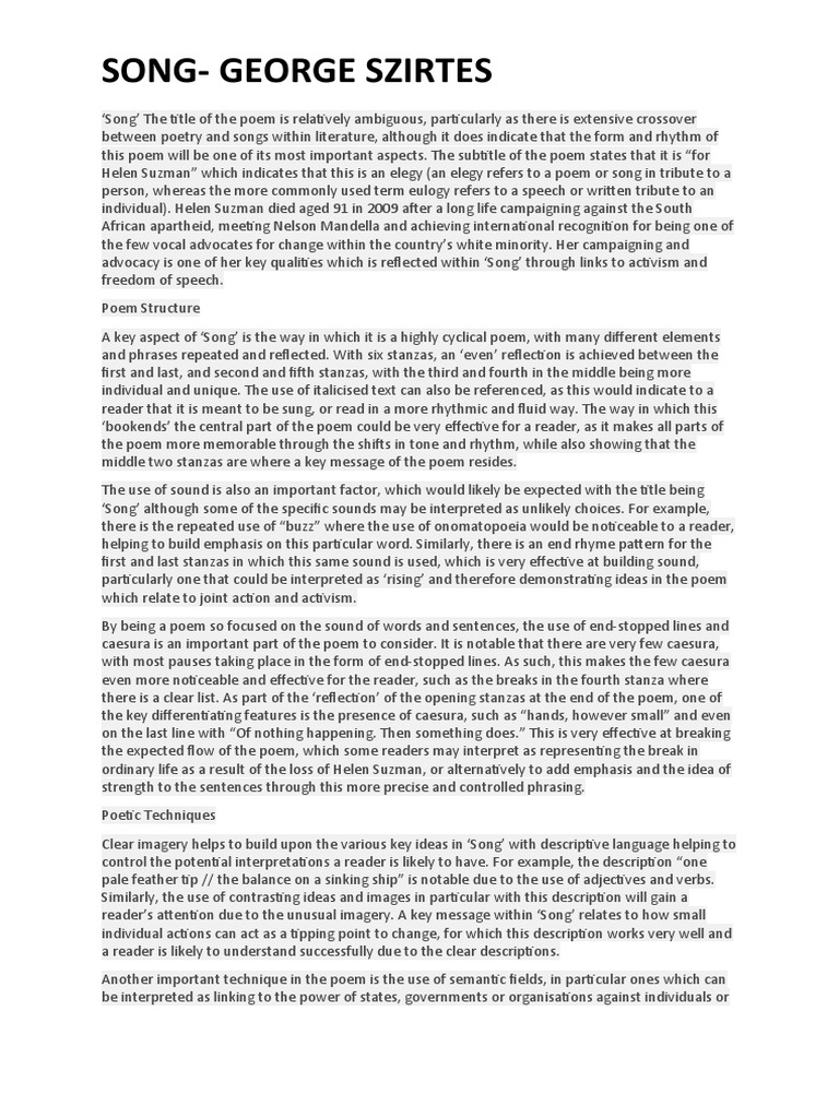 Song - George Szirtes | PDF | Lever | Poetry