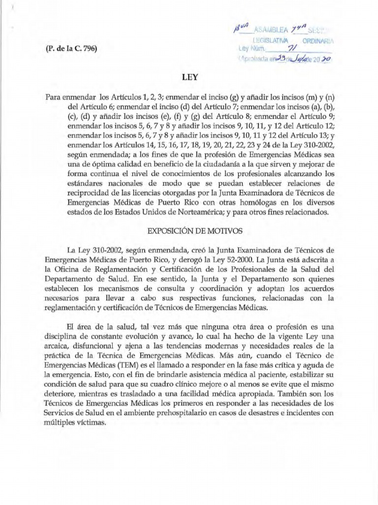 Ley 71-2020 PDF | PDF | Paramédico | Prueba (evaluación)