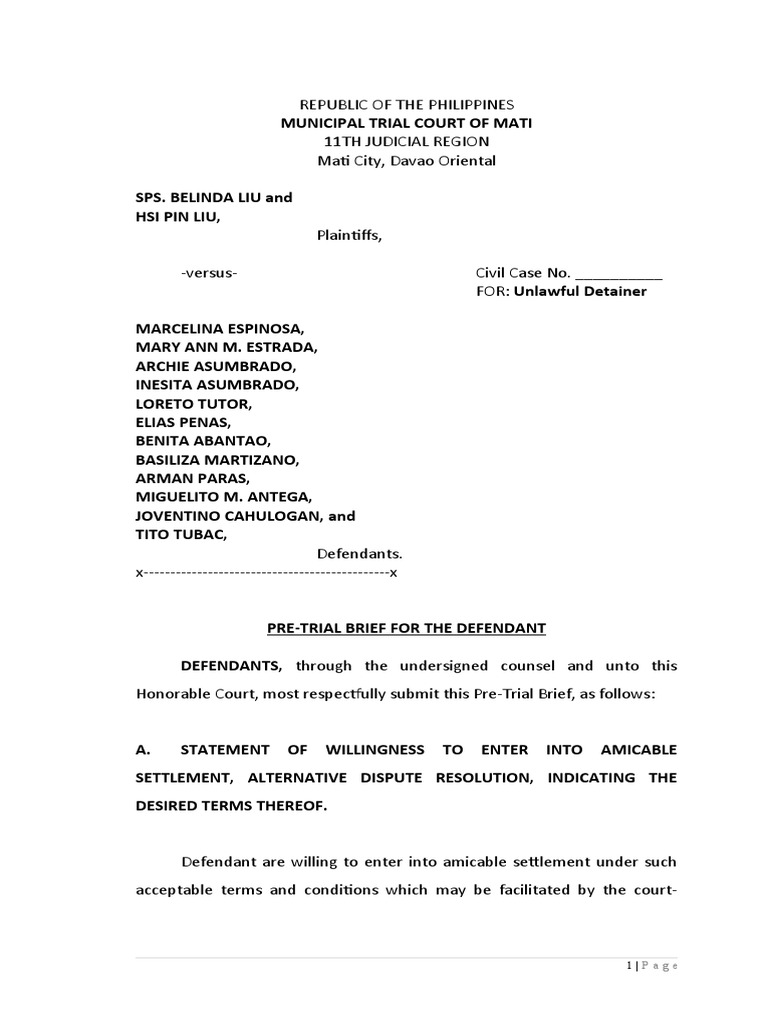Pre Trial Brief For The Defendant | PDF | Damages | Judiciaries