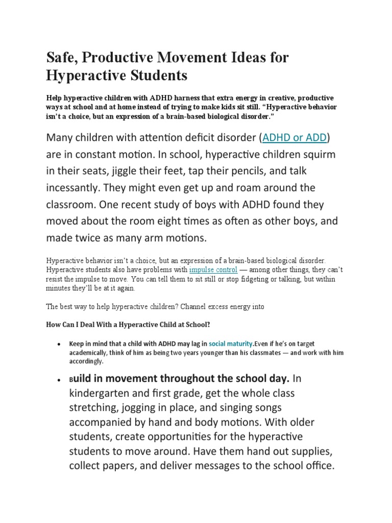 Safe, Productive Movement Ideas For Hyperactive Students: Adhd or Add ...