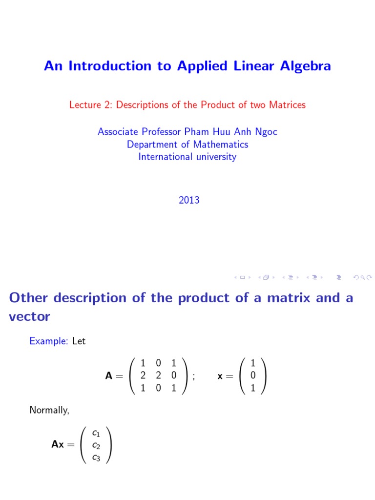 An Introduction To Applied Linear Algebra: Lecture 2: Descriptions of The Product of Two ...