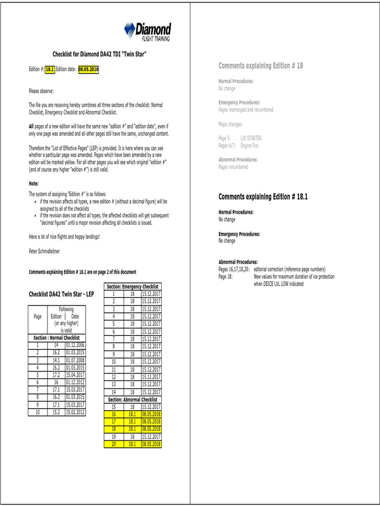Checklist For Diamond DA42 TDI "Twin Star": Comments Explaining Edition ...