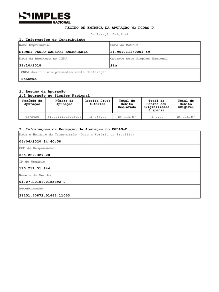 Pgdasd Recibo 31909111202005001 PDF | PDF