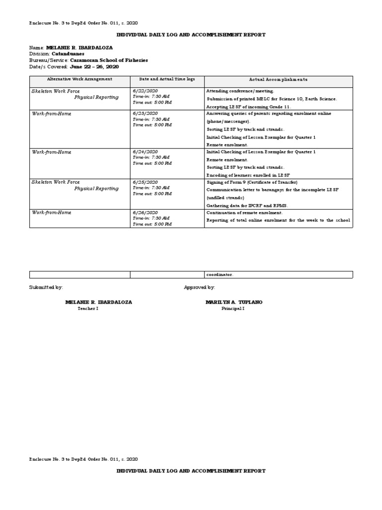 Individual Daily Log and Accomplishment Report MELAI | PDF | Behavior ...