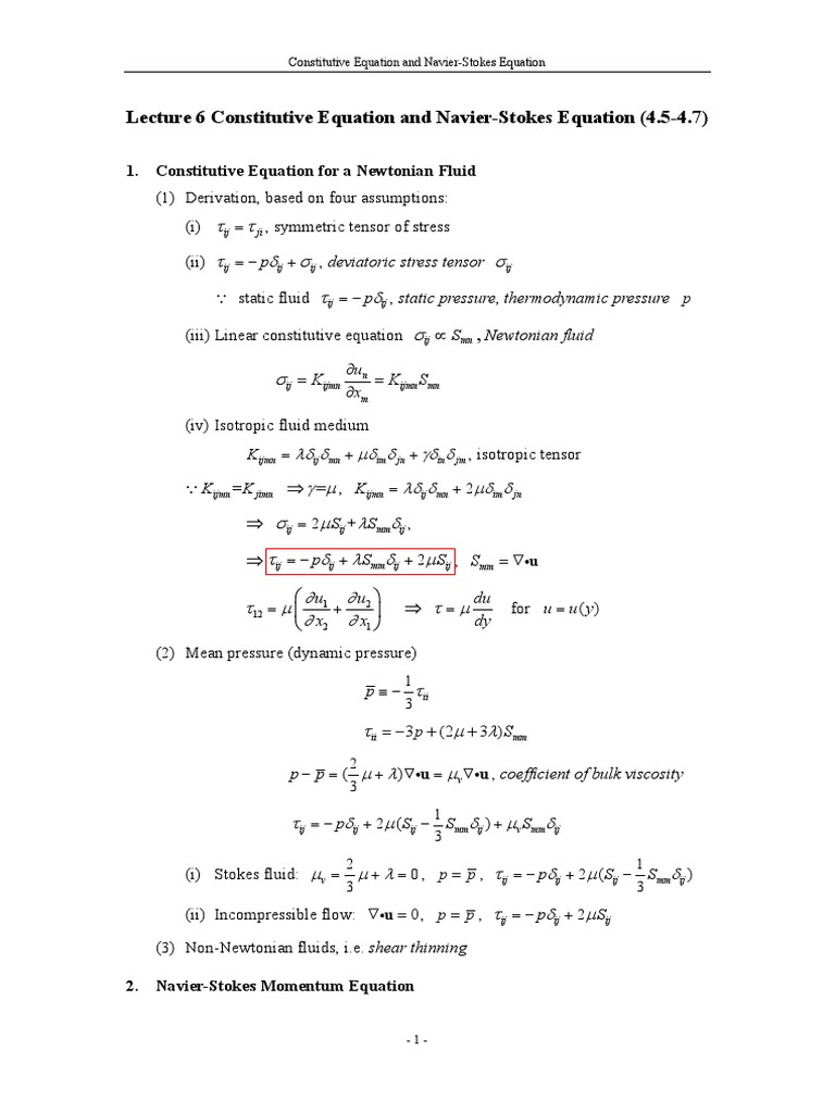 06 Constitutive Equation and Navier-Stokes Equation PDF | PDF | Navier–Stokes Equations | Fluid ...