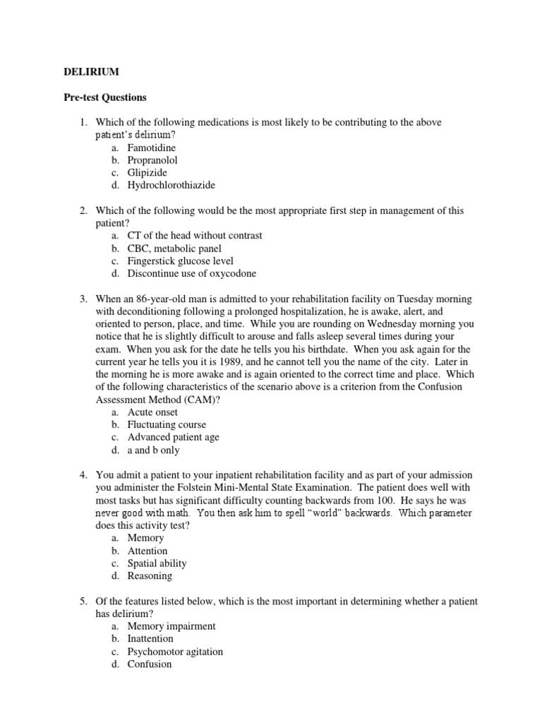 Delirium Pre-Test Questions | PDF | Dementia | Nervous System
