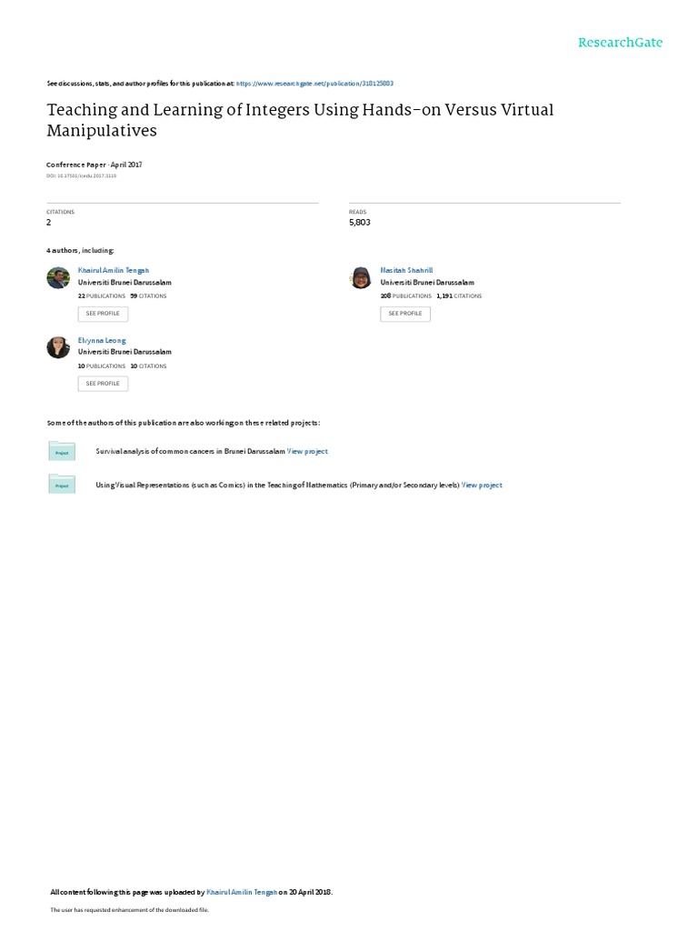Teaching and Learning of Integers Using Hands On Versus Virtual ...
