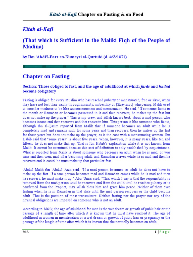 Kitab Al-Kafi Chapter On Fasting & On Food | PDF | Ramadan | Fasting