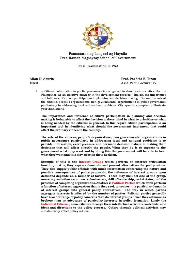 Allan D. Azurin Final-Examination-in-PGA | PDF | Accountability ...