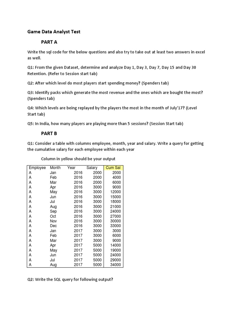 Game Data Analyst SQL Test Guide | PDF | Application Software ...