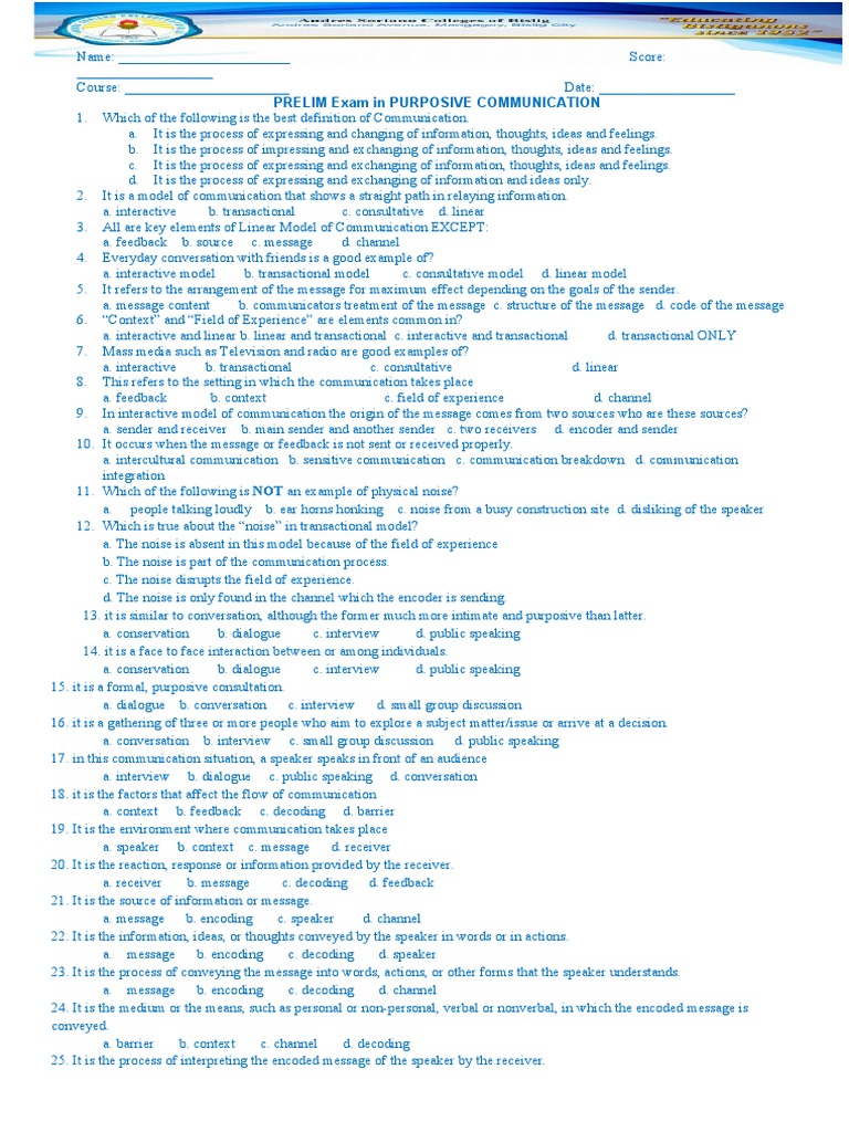 Prelim Exam in Purposive Communication | PDF | Communication | Cybernetics