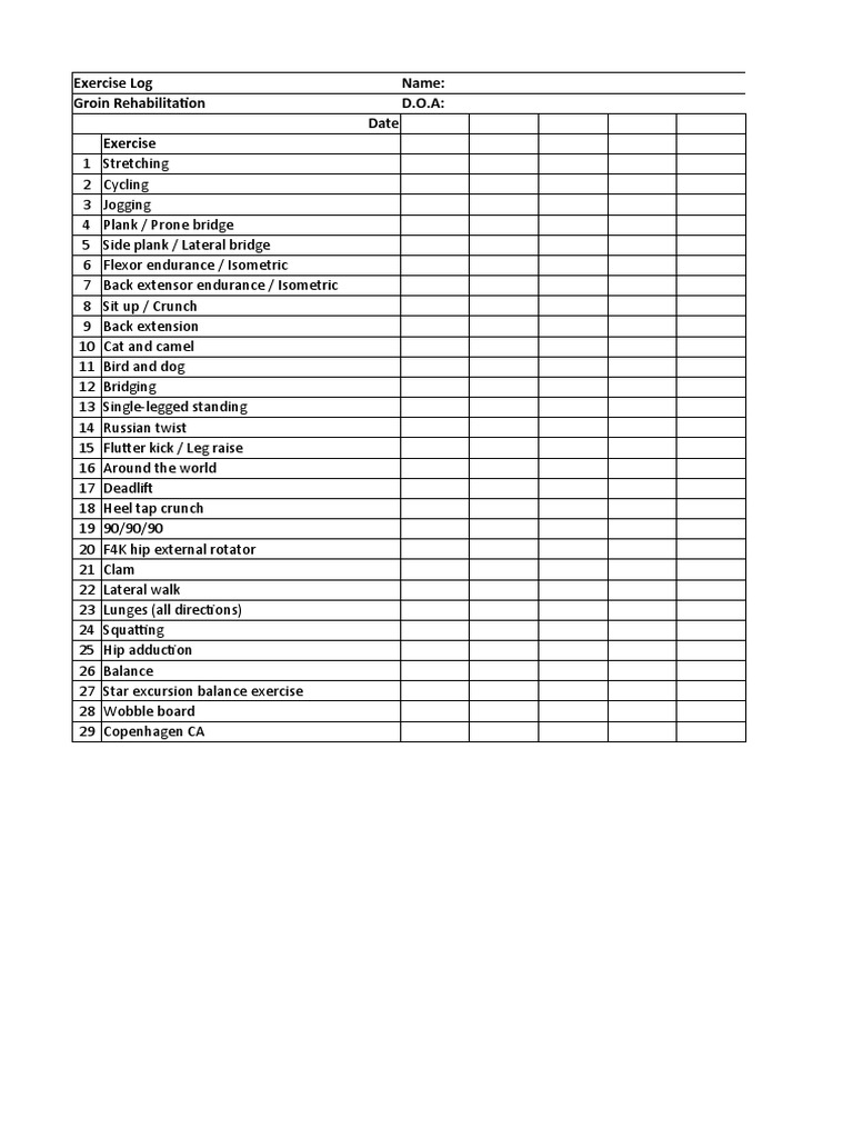 Exercise Log Groin Rehabilitation | PDF