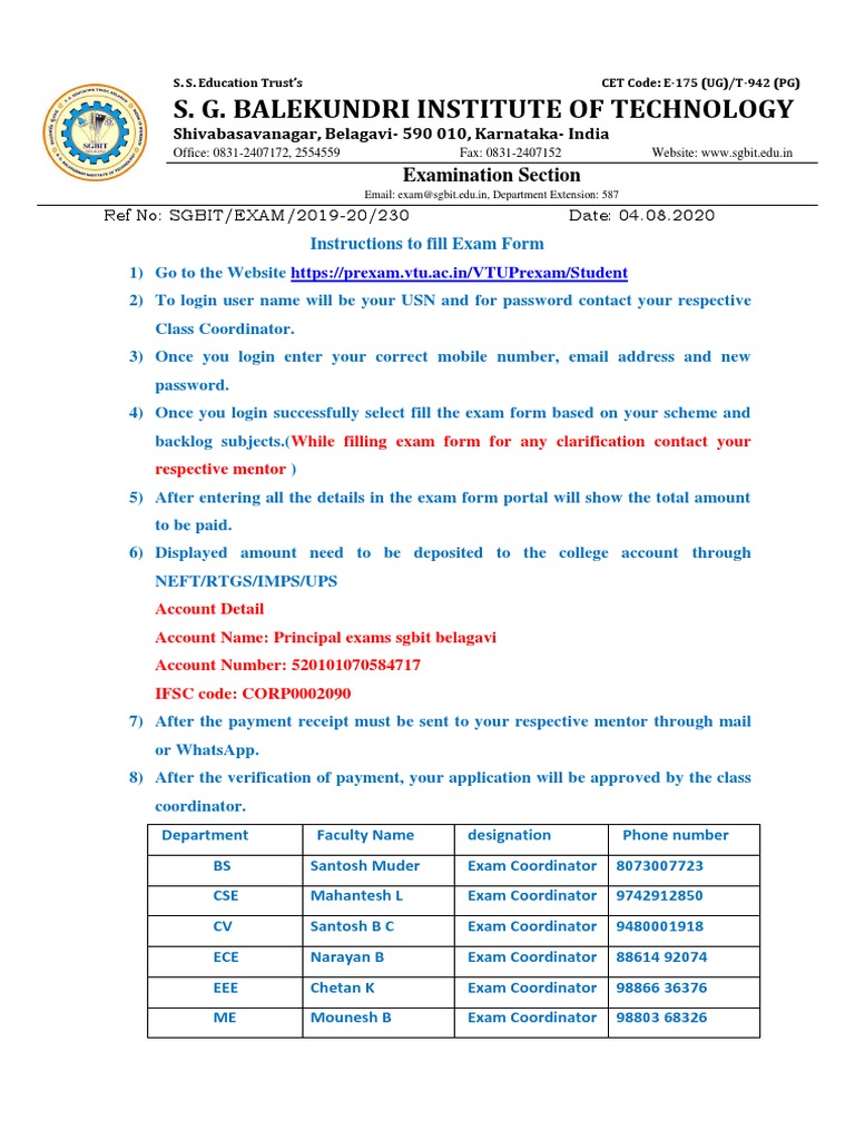 S. G. Balekundri Institute of Technology: Examination Section | PDF