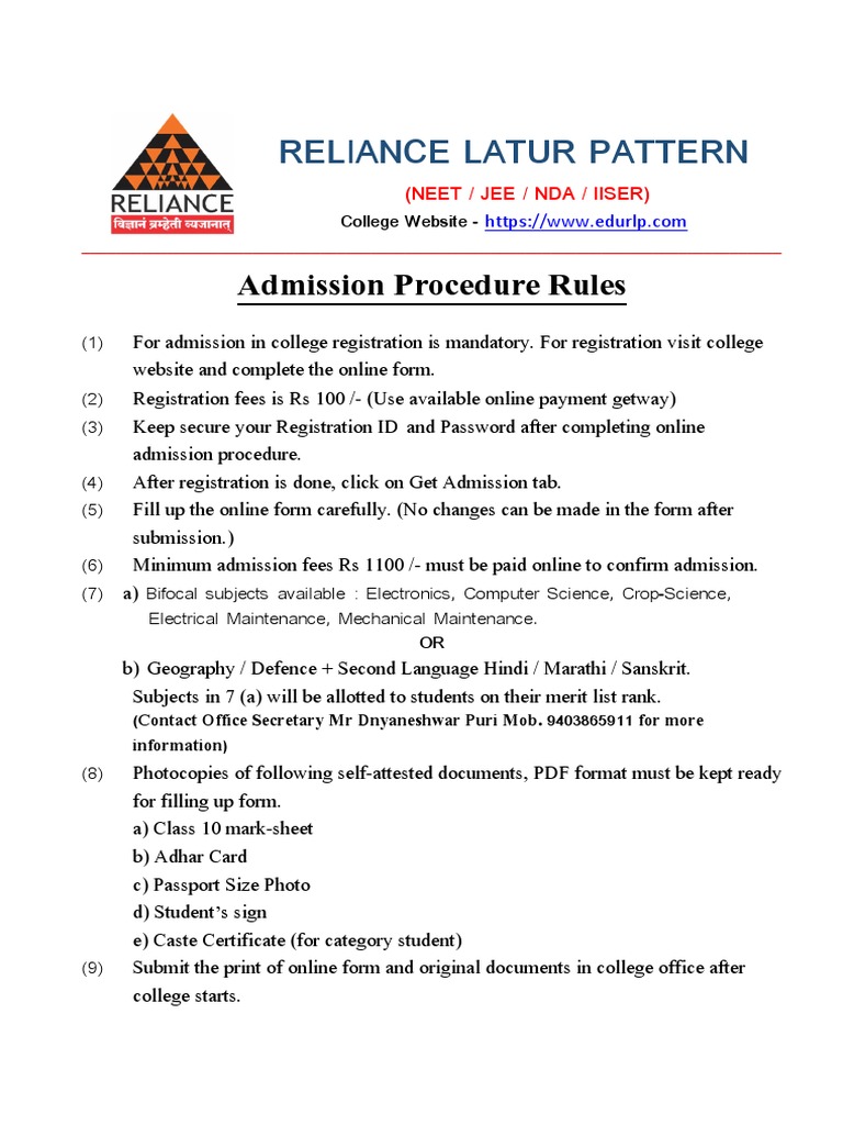 Reliance Latur Pattern: Admission Procedure Rules | PDF | Computing And ...