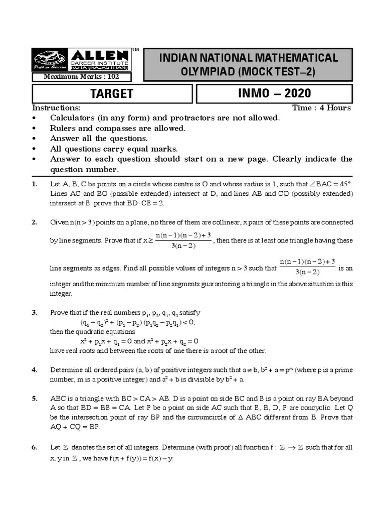 INMO - 2020 Target: Indian National Mathematical Olympiad (Mock Test-2 ...