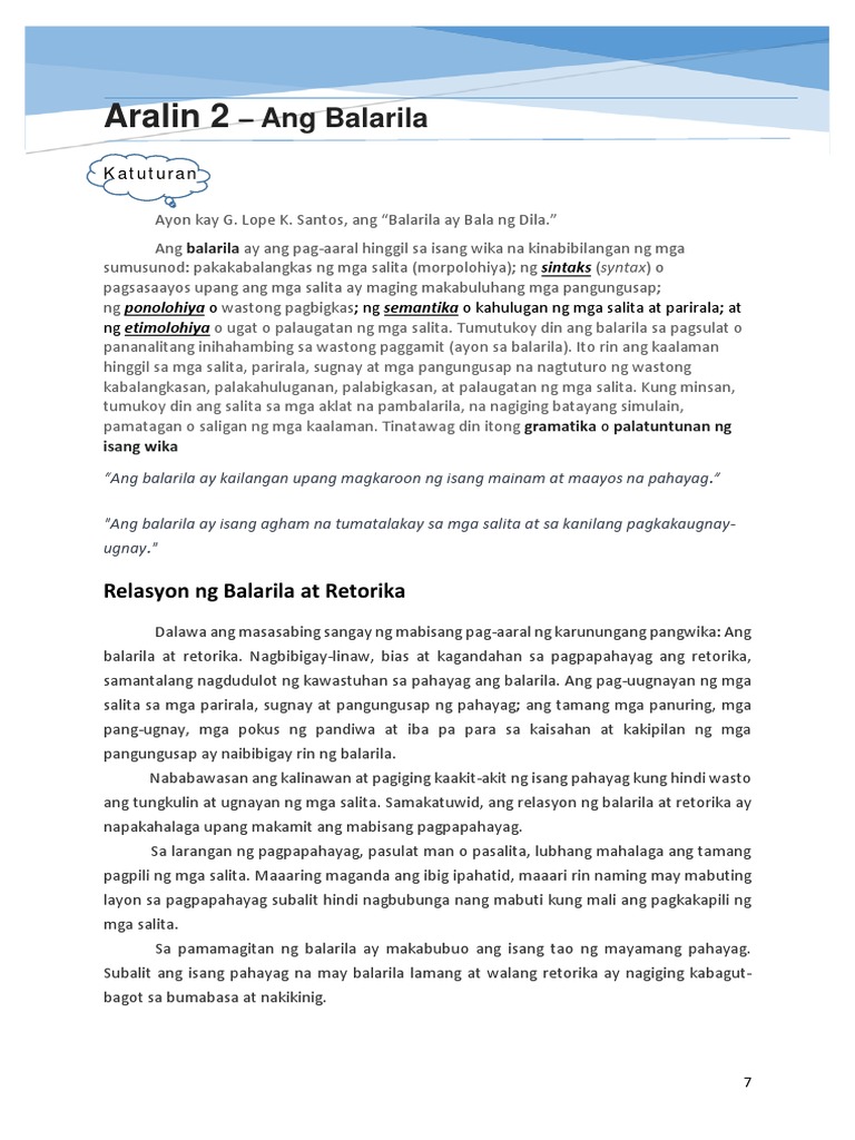 Masining Aralin 2 – Ang Balarila PDF