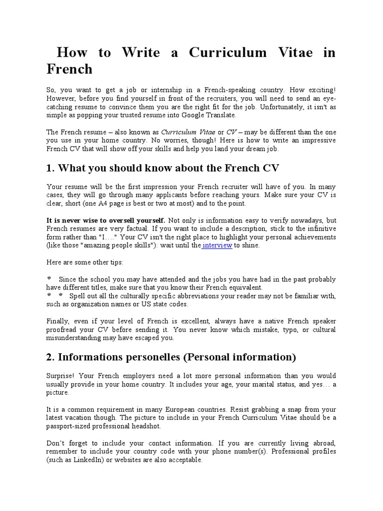 How To Write A Curriculum Vitae in French | PDF | Résumé | Academic Degree
