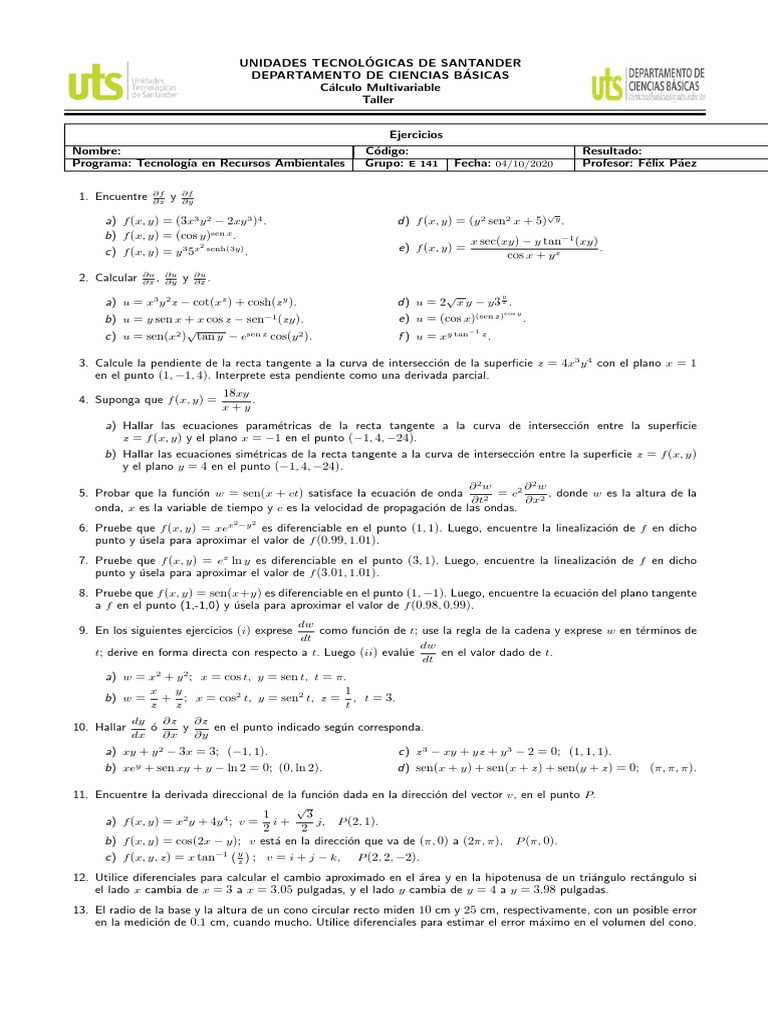 Análisis de problemas de cálculo multivariable y derivadas parciales ...