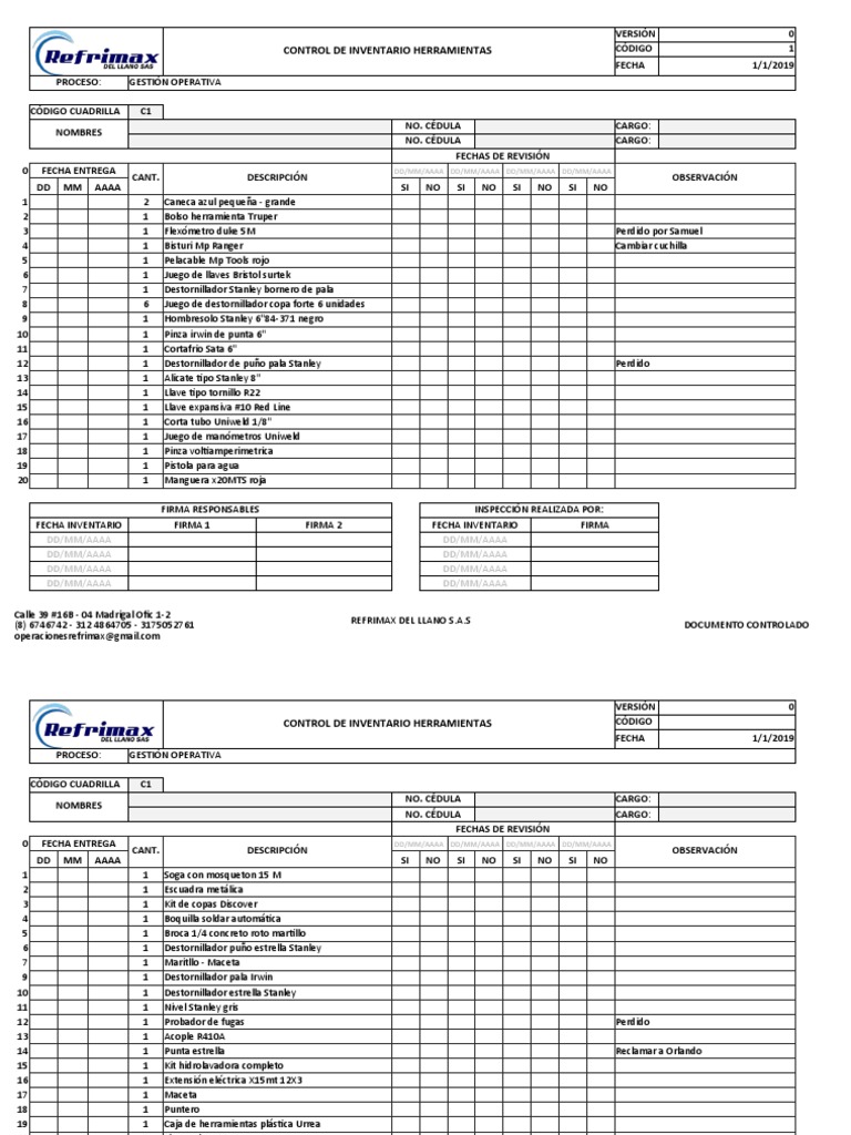 Formato Control Inventario de Herramientas | PDF | Equipo | Herramientas