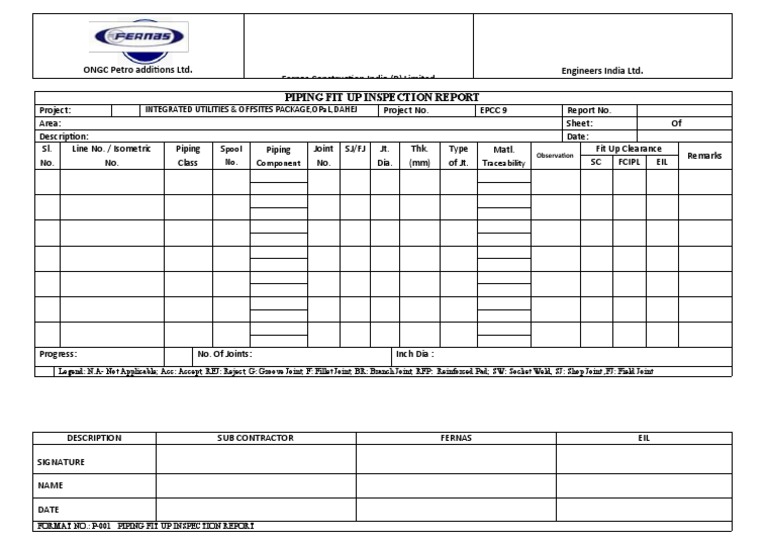 P001 - Piping Fit Up Inspection Report | PDF