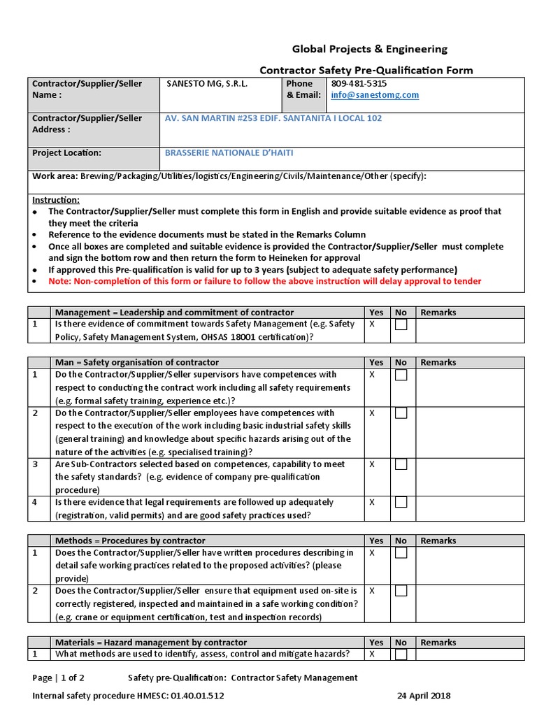 Contractor Safety Pre-Qualification April 2018 | PDF | Safety | Occupational Safety And Health