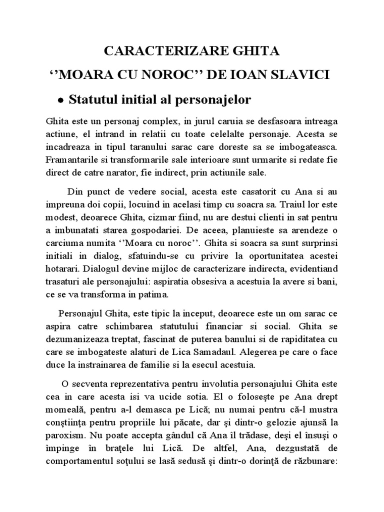 Caracterizare Ghita Moara Cu Noroc de Io | PDF