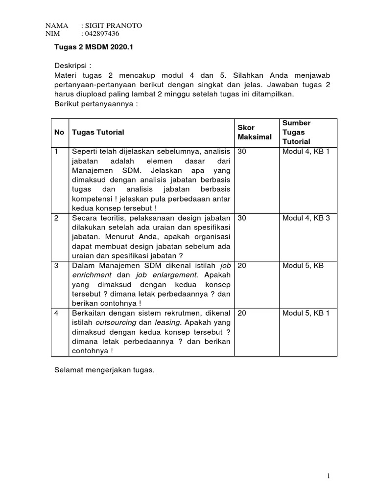 Tugas 2 - Manajemen SDM - 042897436 - Sigit Pranoto PDF | PDF | Karier & Perkembangan