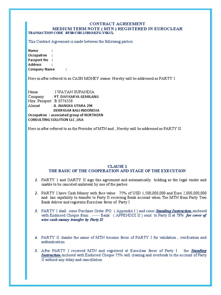 Mou MTN Euroclear For WD | PDF | Receipt | Financial Transaction