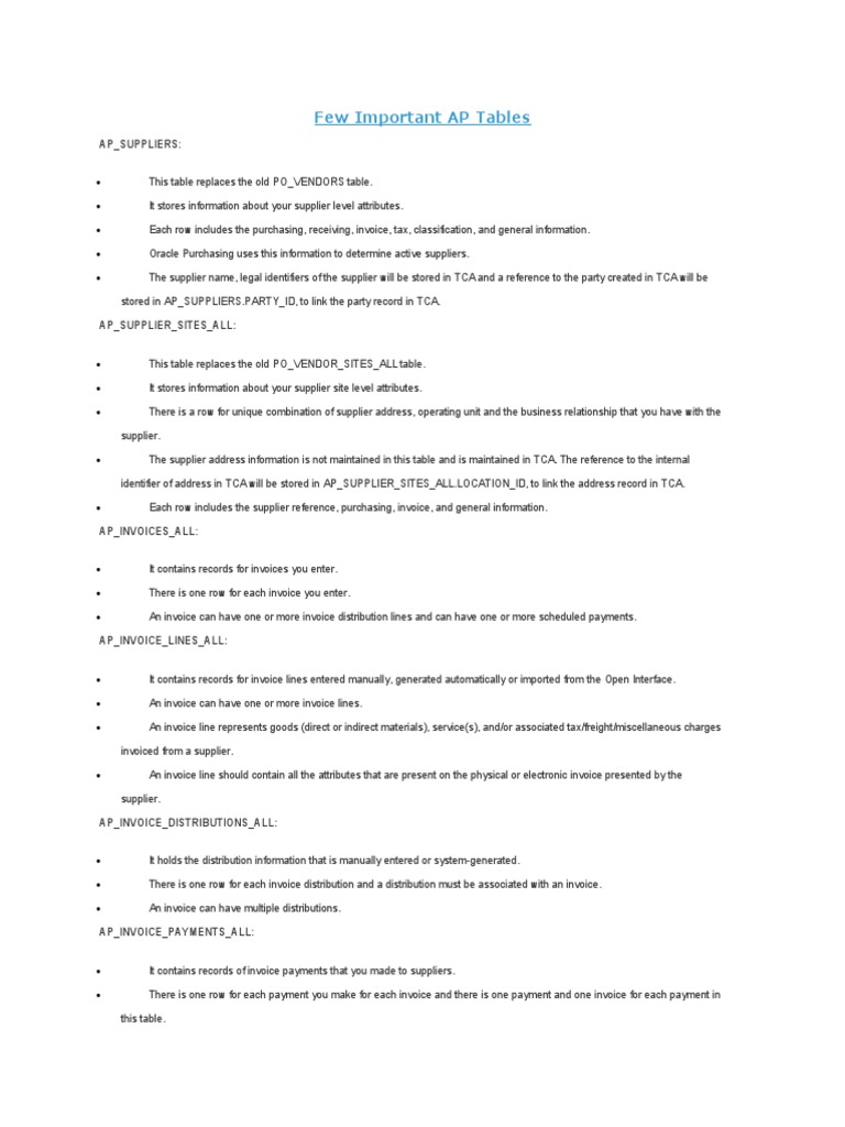 Few Important AP Tables | Download Free PDF | Accounts Payable ...
