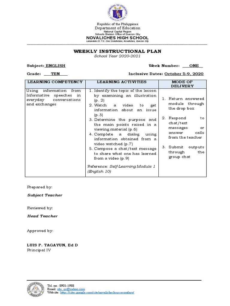 Weekly Instructional Plan | PDF | Semiotics | Teaching