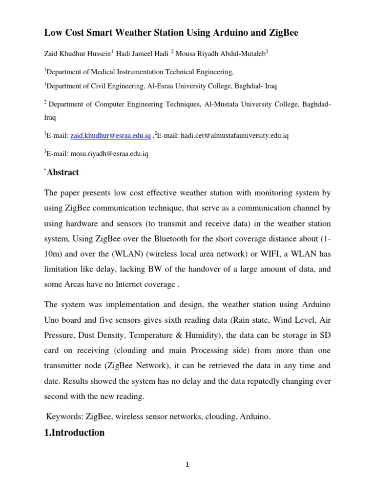 Low Cost Smart Weather Station Using Arduino and ZigBee | PDF | Arduino | Sensor