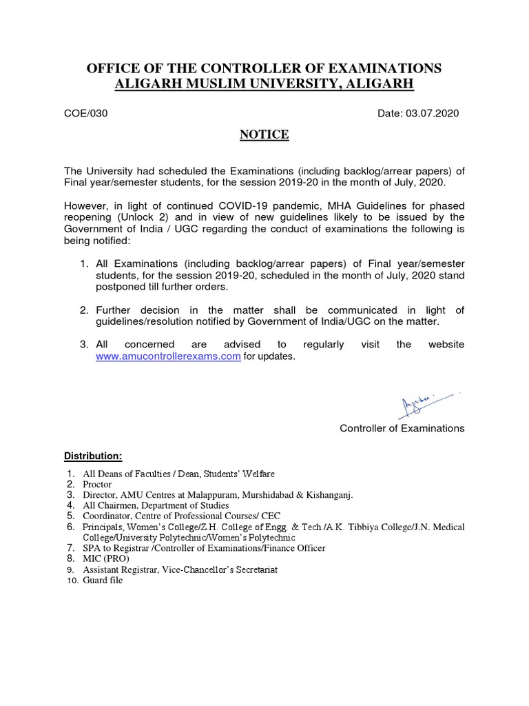 Office of The Controller of Examinations Aligarh Muslim University ...