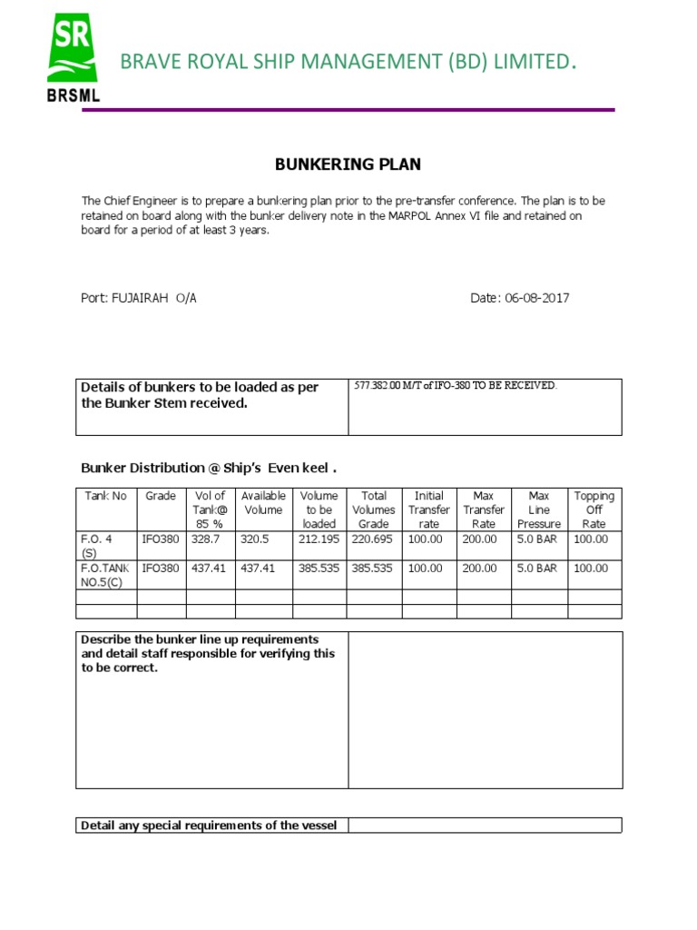 Brave Royal Ship Management (BD) Limited: Bunkering Plan | PDF | Fuel ...