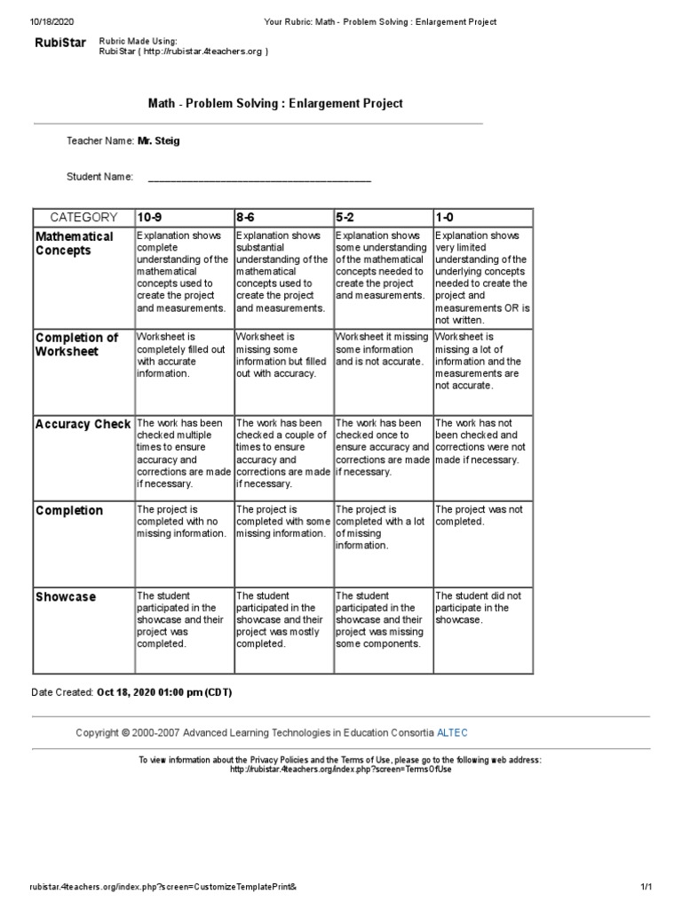 Your Rubric Math - Problem Solving Enlargement Project | PDF ...